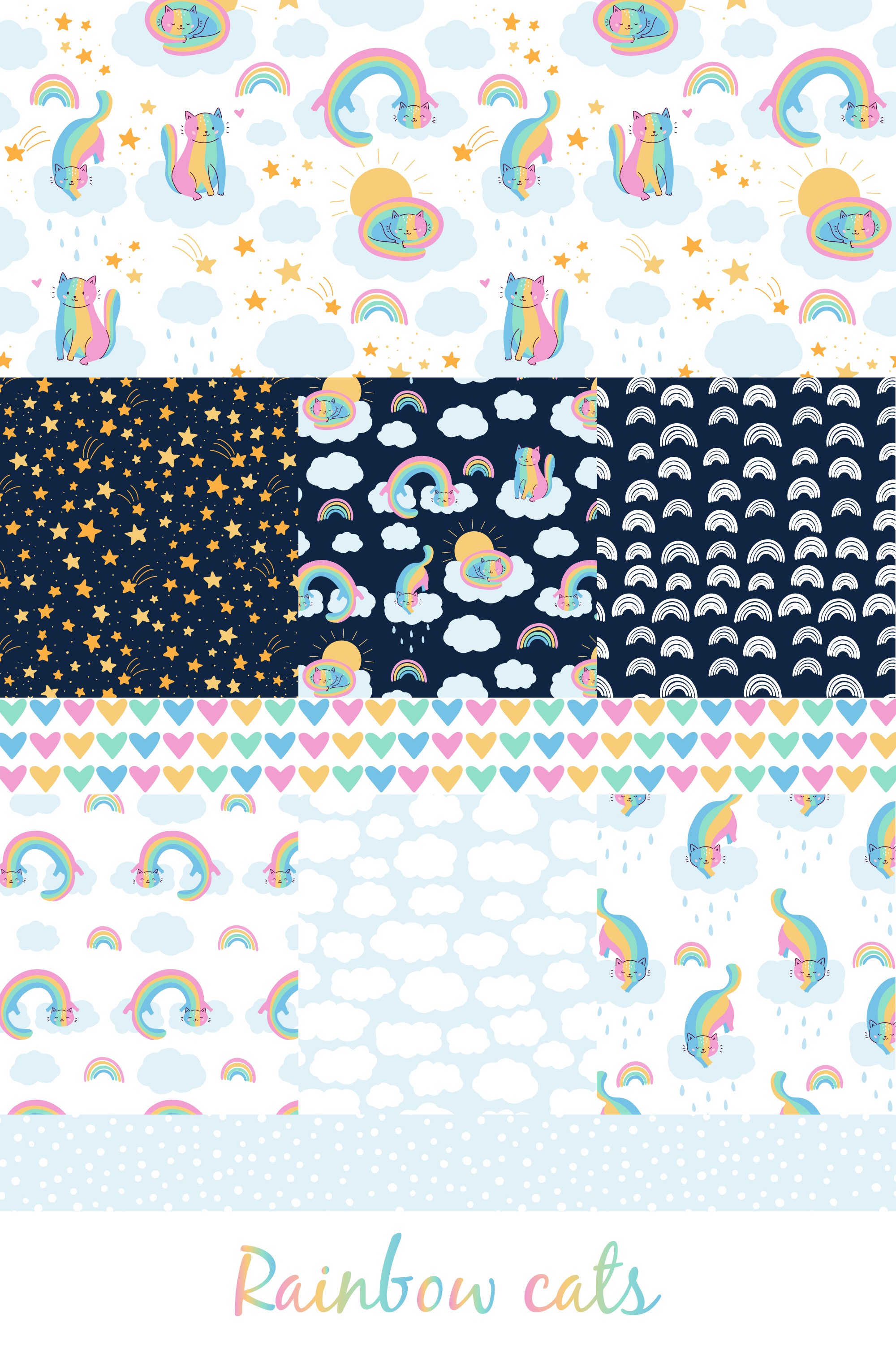 Rainbow cats with seamless patterns and clipart (837901)