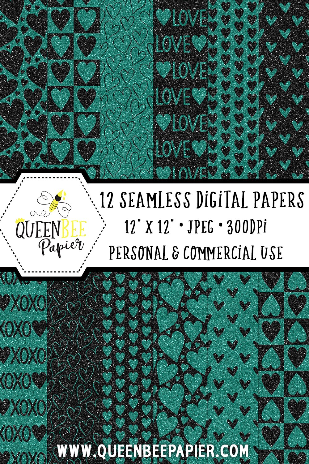 Black & White Glitter Heart Digital Paper Pack