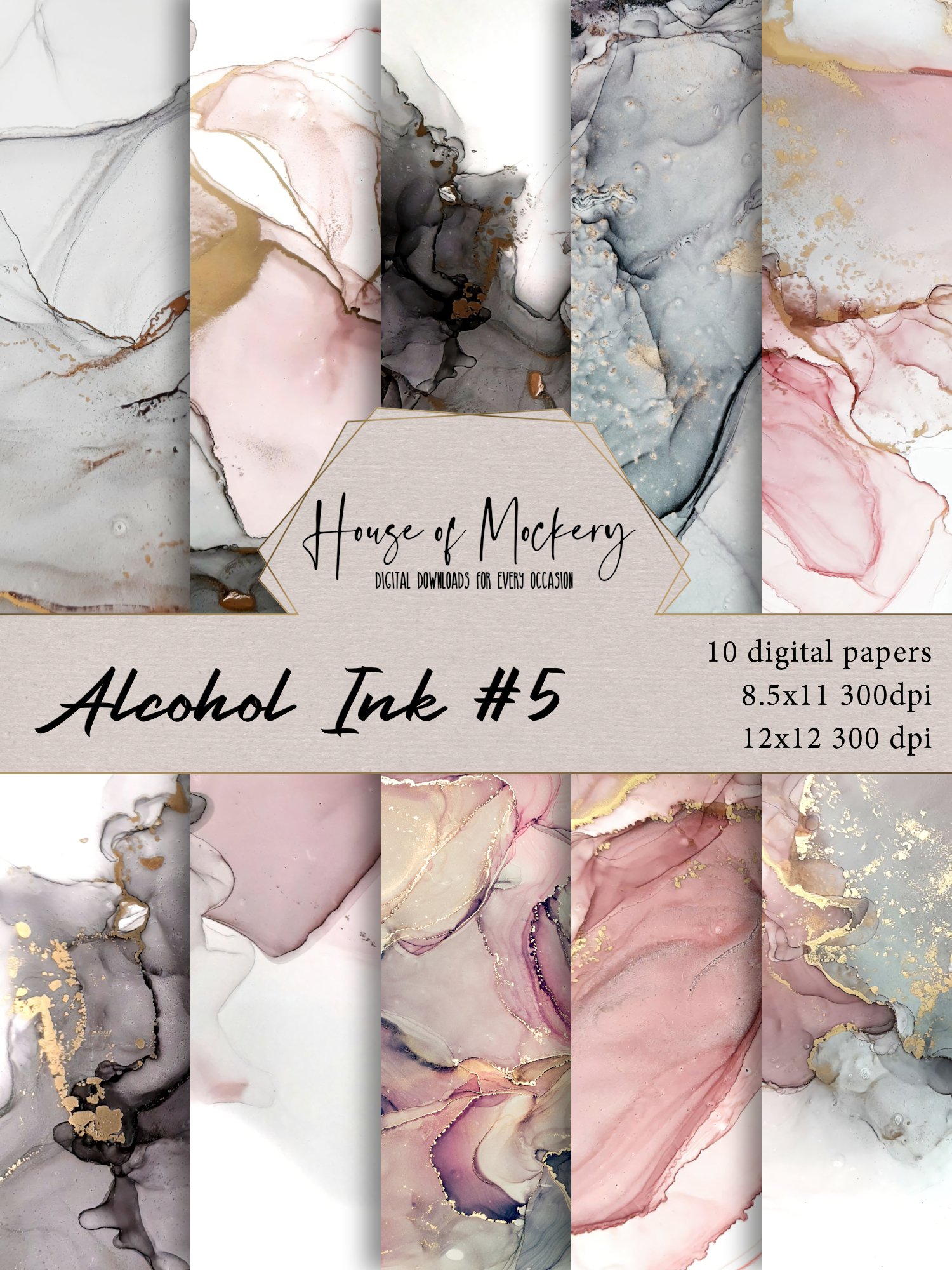Pink and Gray Alcohol Ink Digital Scrapbook Paper Pack