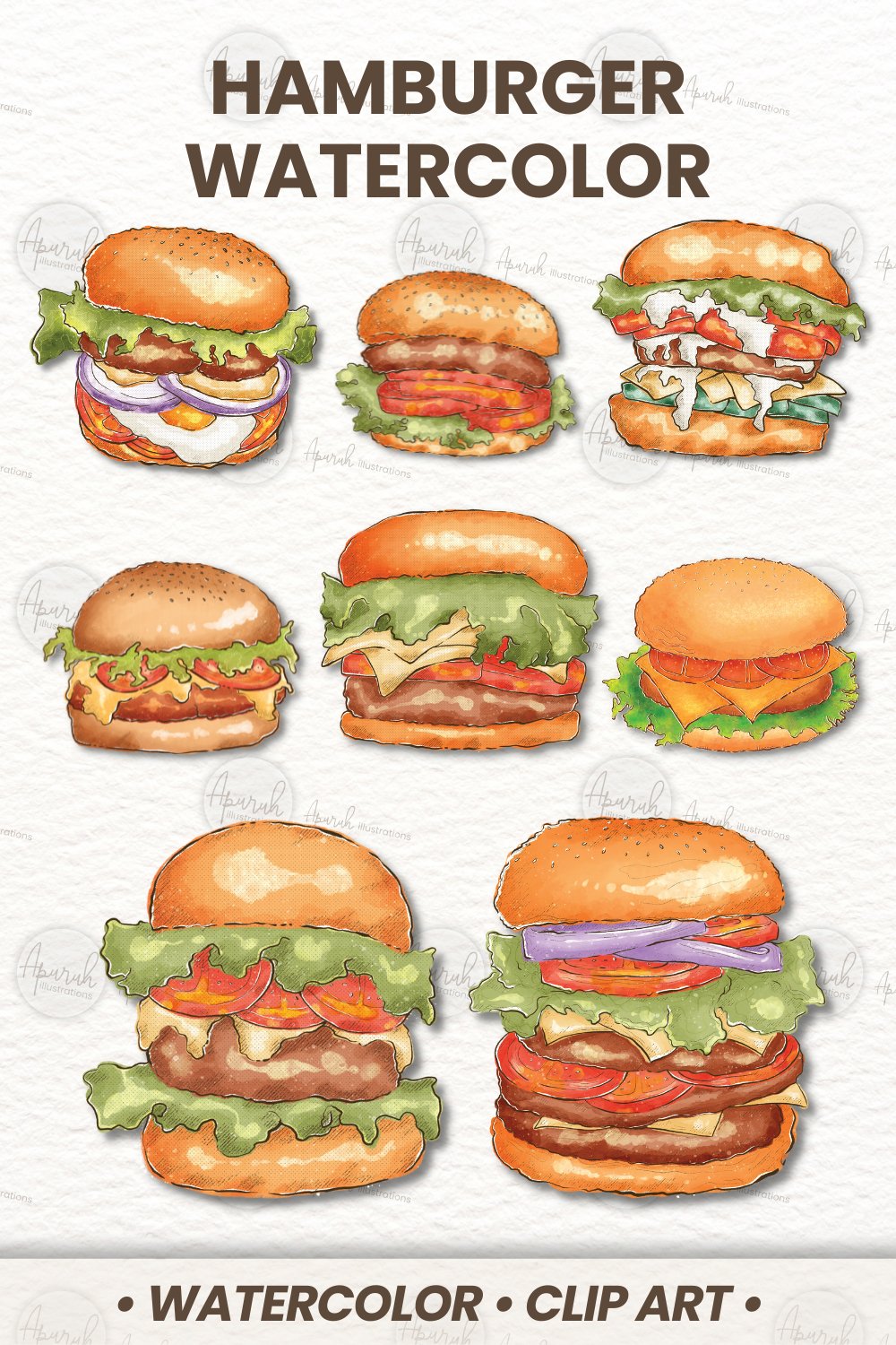8 Hamburger in Watercolor Style Clipart for Sublimation