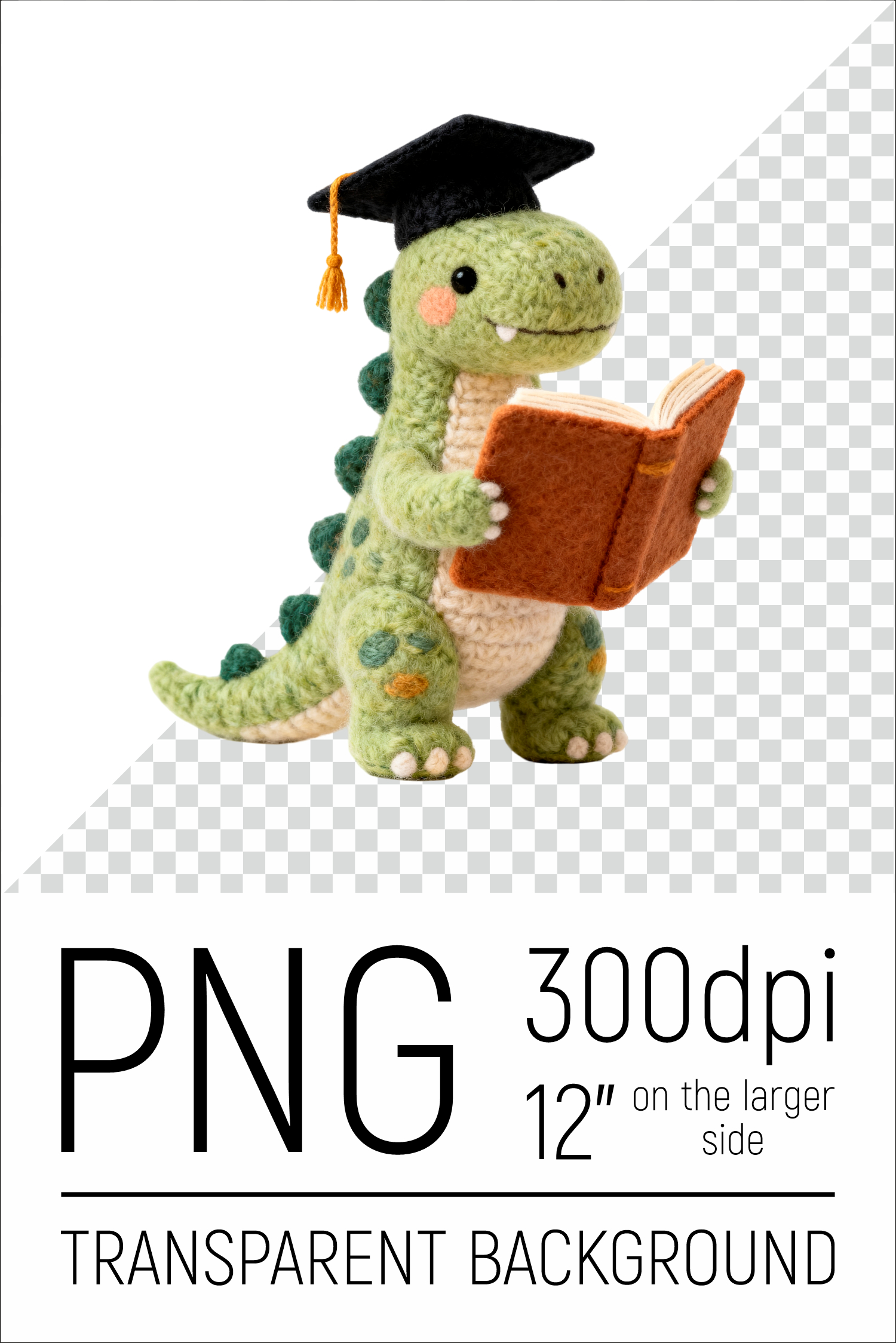 Knitted Graduation Dino with Book Clipart