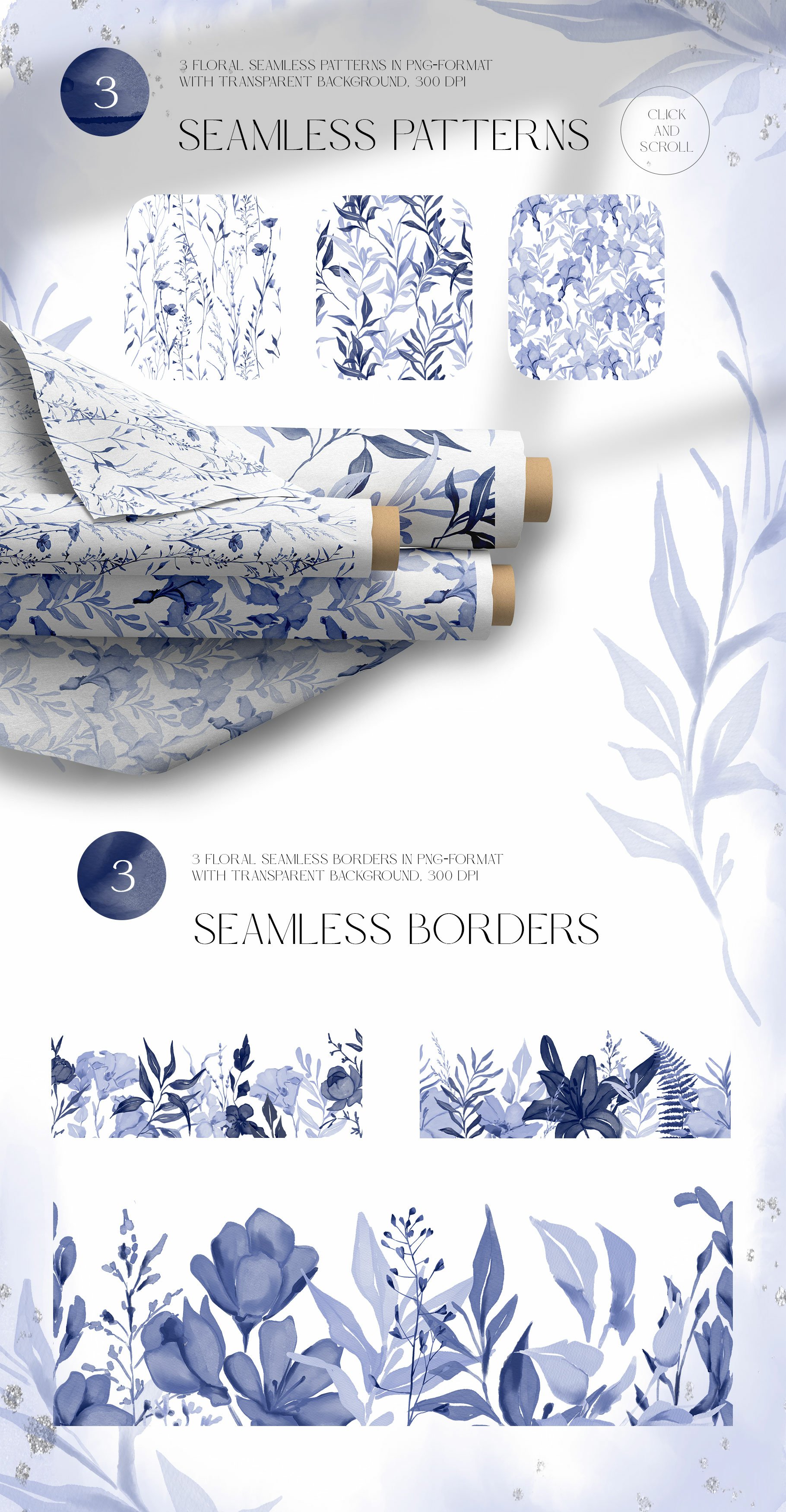 Navy blue watercolor floral patterns