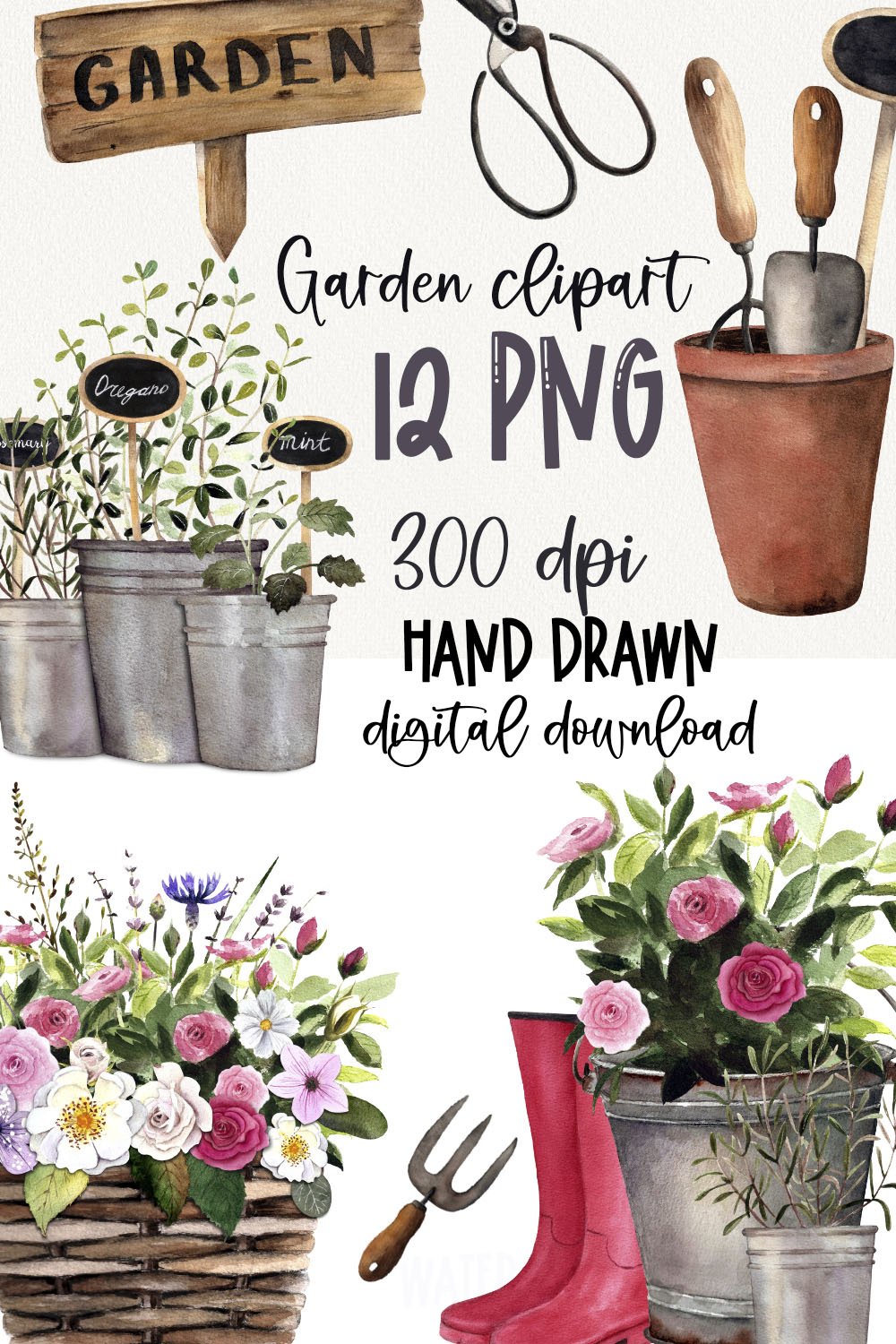 Watercolor garden clipart. Gardening flowers (1893750)