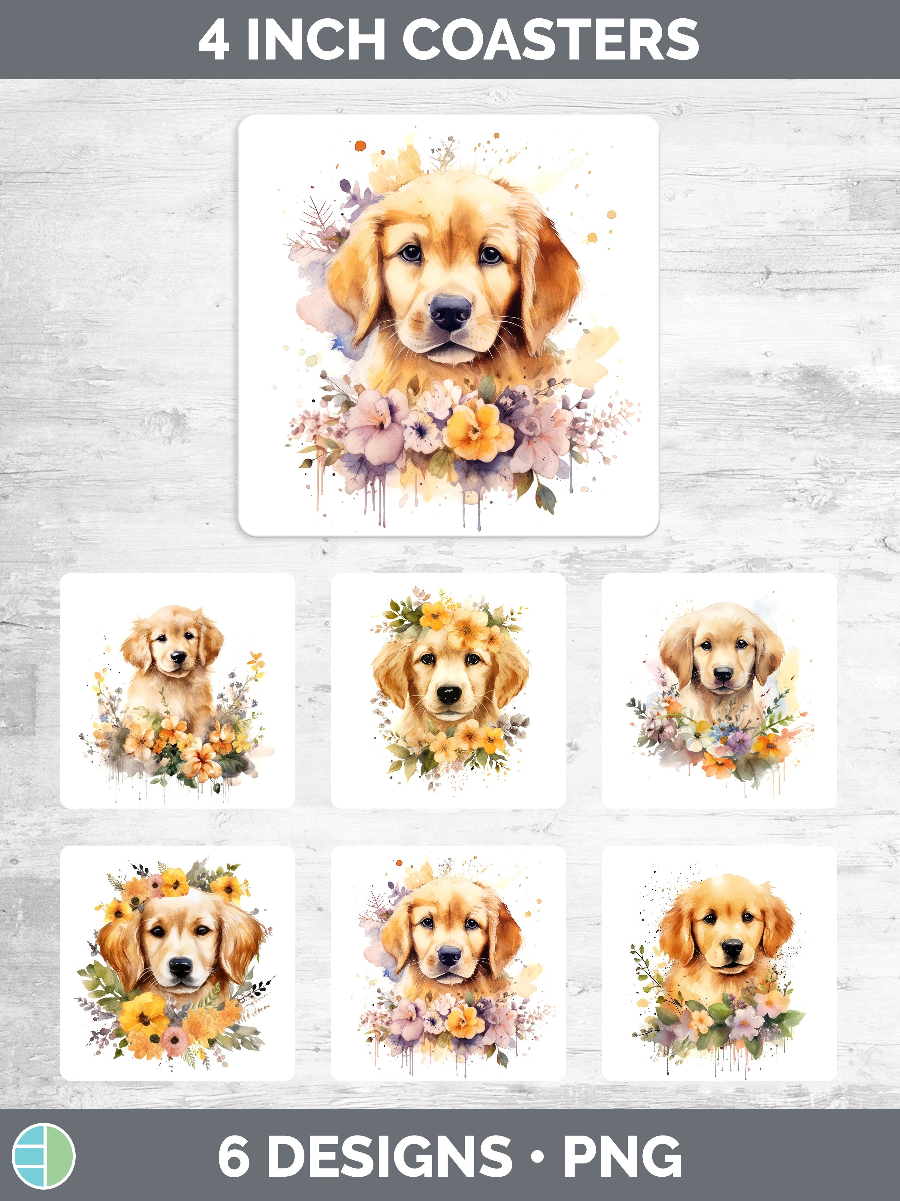 Watercolor Golden Retriever Dog Square Coaster | Sublimation