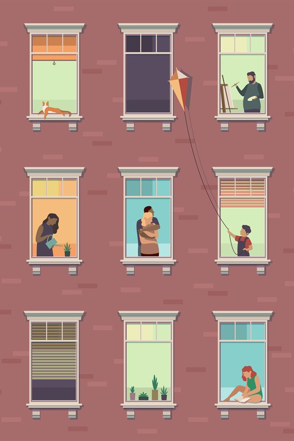 Windows with people. Opened window neighbors people communic