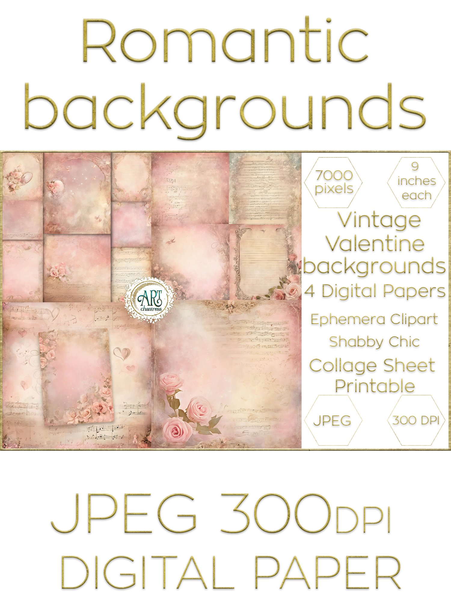 Vintage Valentine watercolor digital papers soft backgrounds