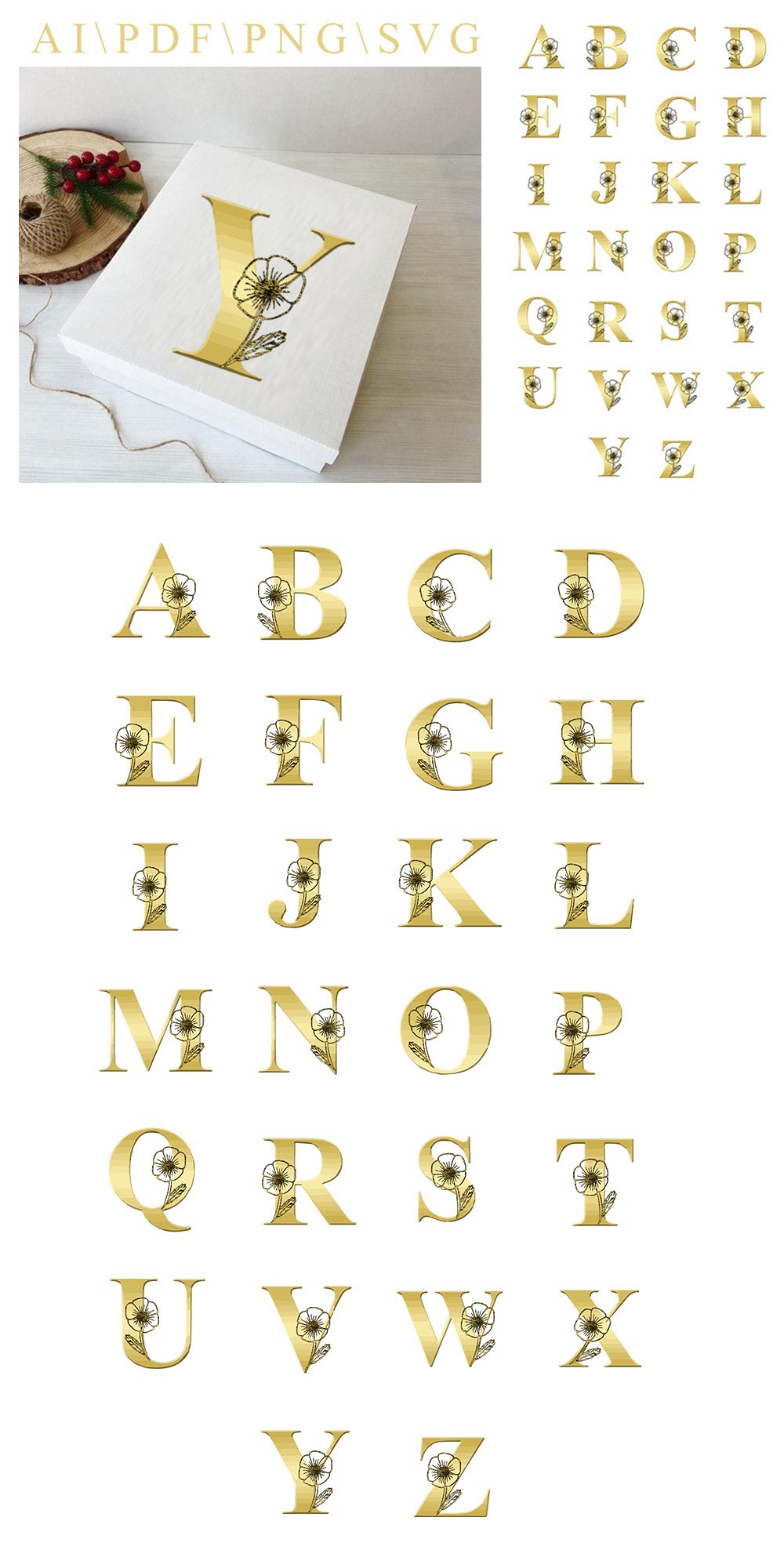 Alphabet. Gold alphabet clipart. Flowers. SVG