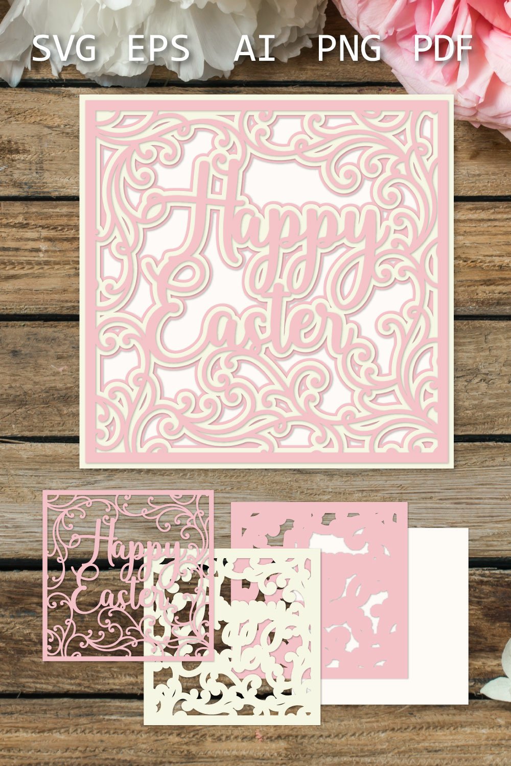 Happy Easter card, Layered paper cutting template, 3D Easter