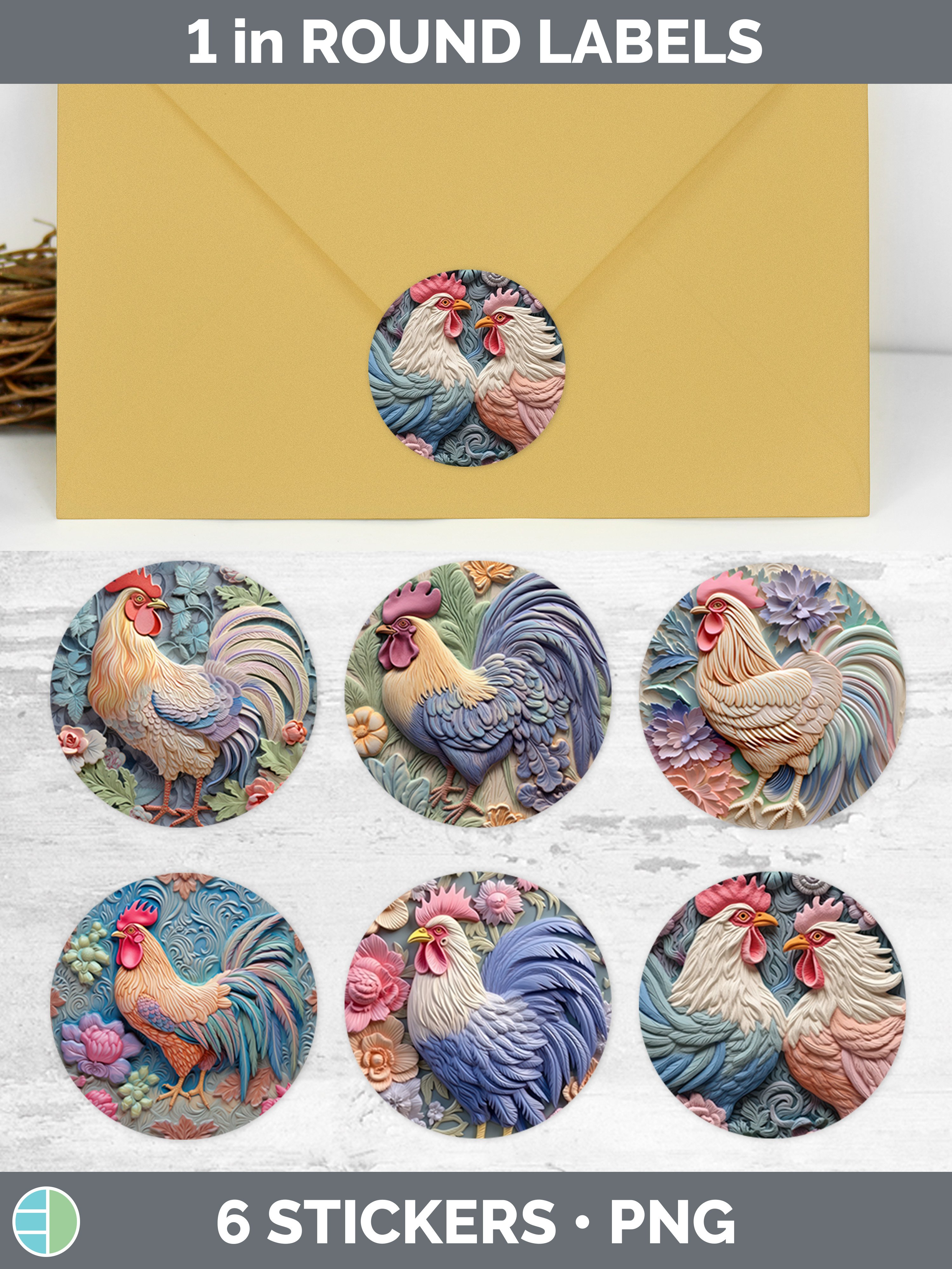 3D Chicken Stickers | Round Labels Designs Bundle