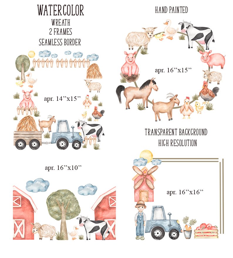 Watercolor Farm Frame Clipart Set Bundle
