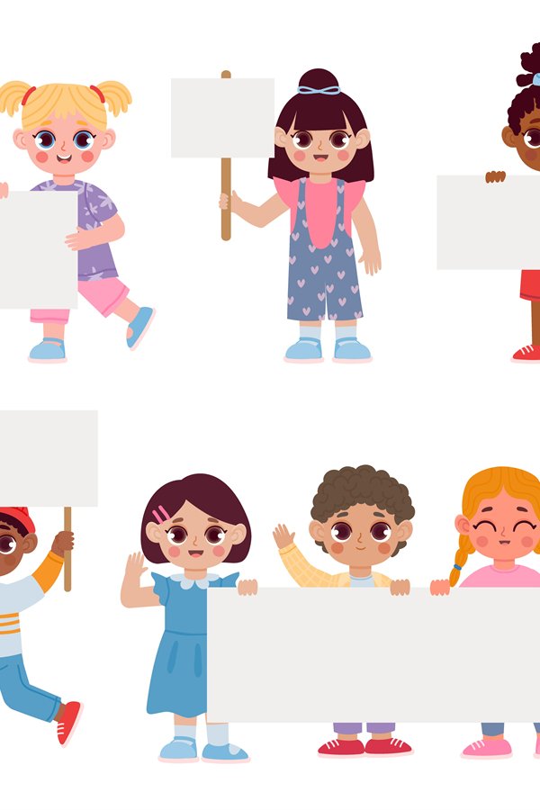 Cartoon kids holding placards, sign boards and banner. Schoo