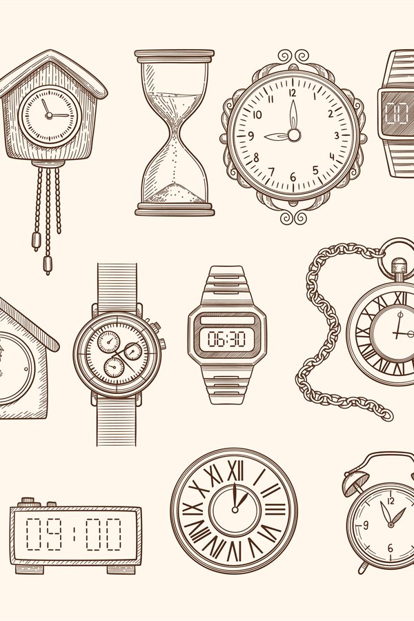 Watches set. Drawing clocks timers alarms vector pictures co