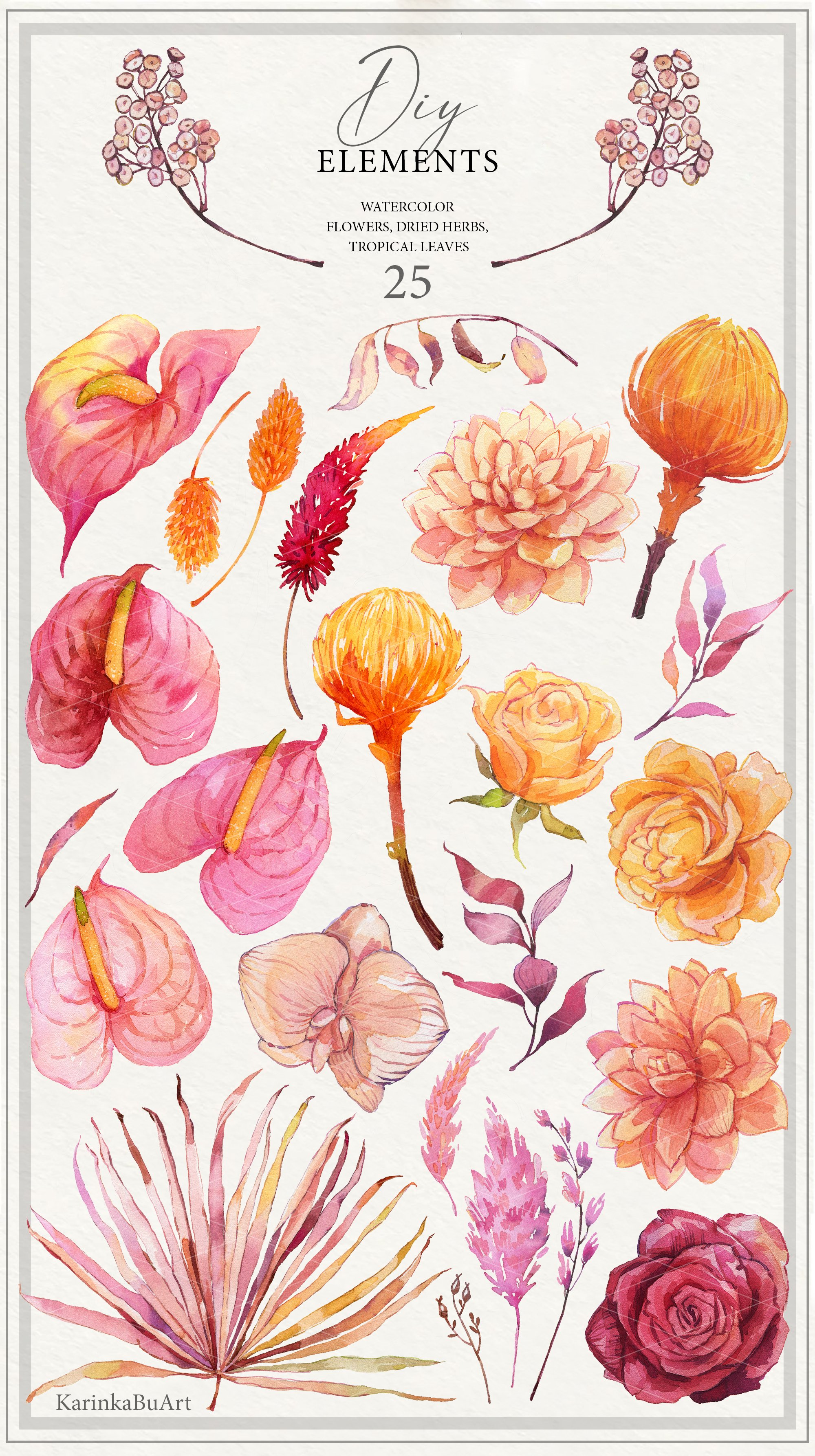 25 PNG Watercolor Floral Boho clipart set. DIY elements