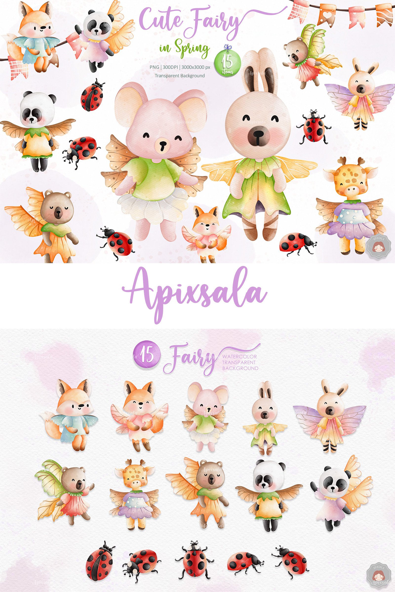 Watercolor Cute Animal Fairy Spring Clipart