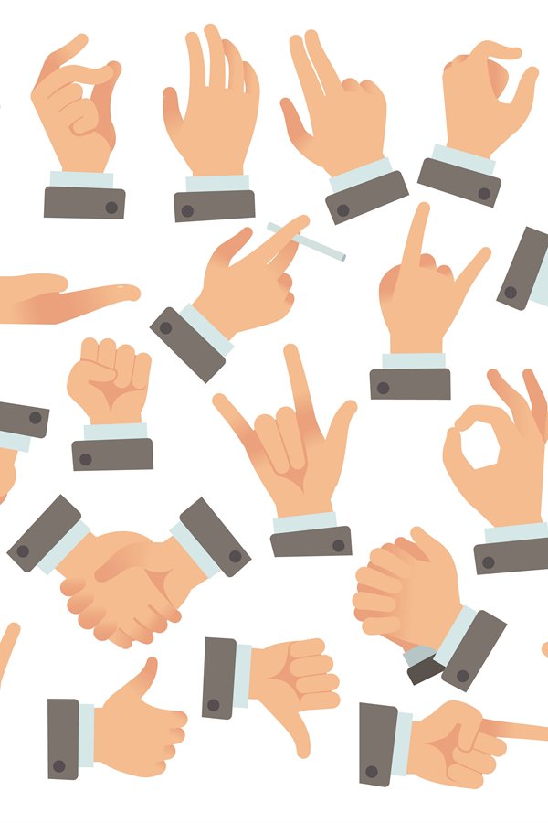 Gestures of businessman. Success people palms and hands, com