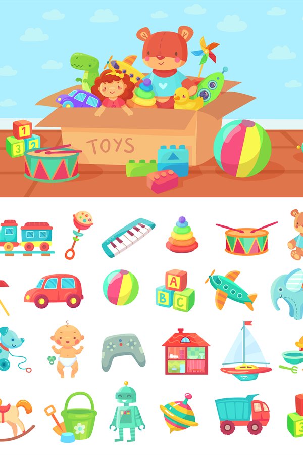 Cartoon toys. Vector set of kids play, block and doll (1019468 ...