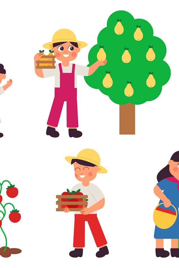 People gardening. Cartoon farmers, children adults plant org