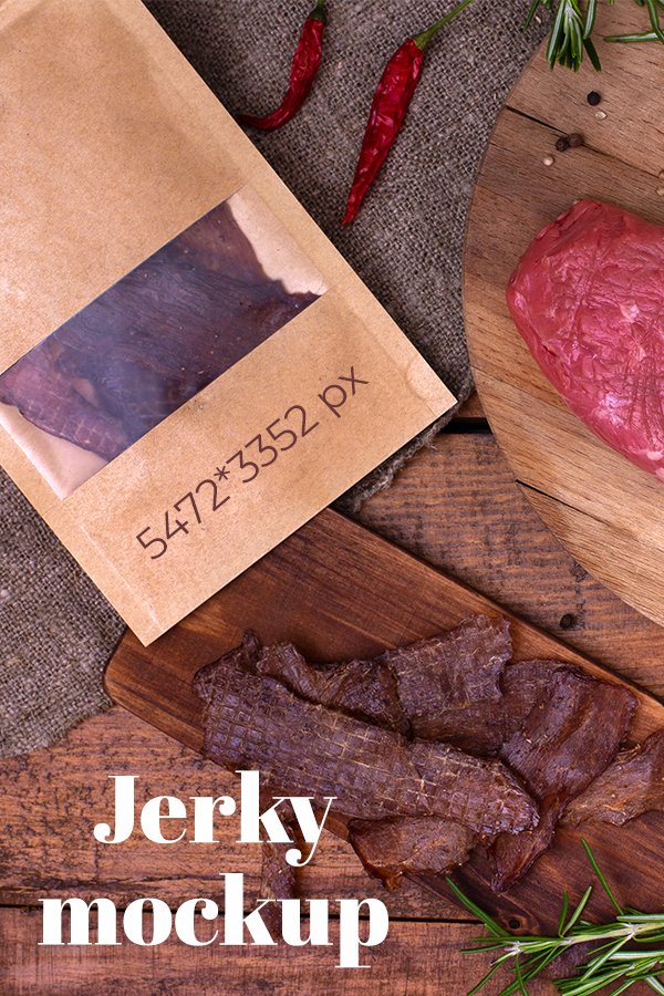 Jerky package mockup on wooden background (1333556)
