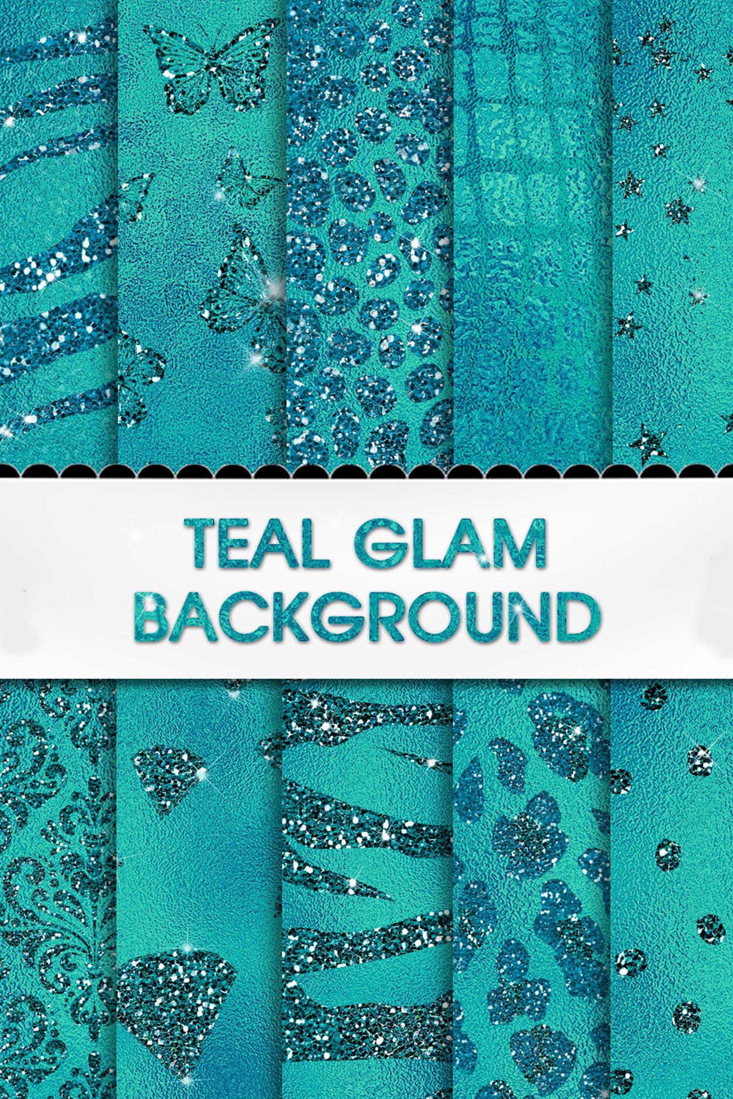 Teal Glitter Digital Paper, butterfly tiger cheetah zebra