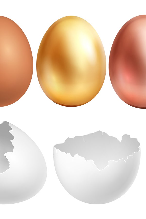 Realistic eggs. White egg and broken shell, golden silver br