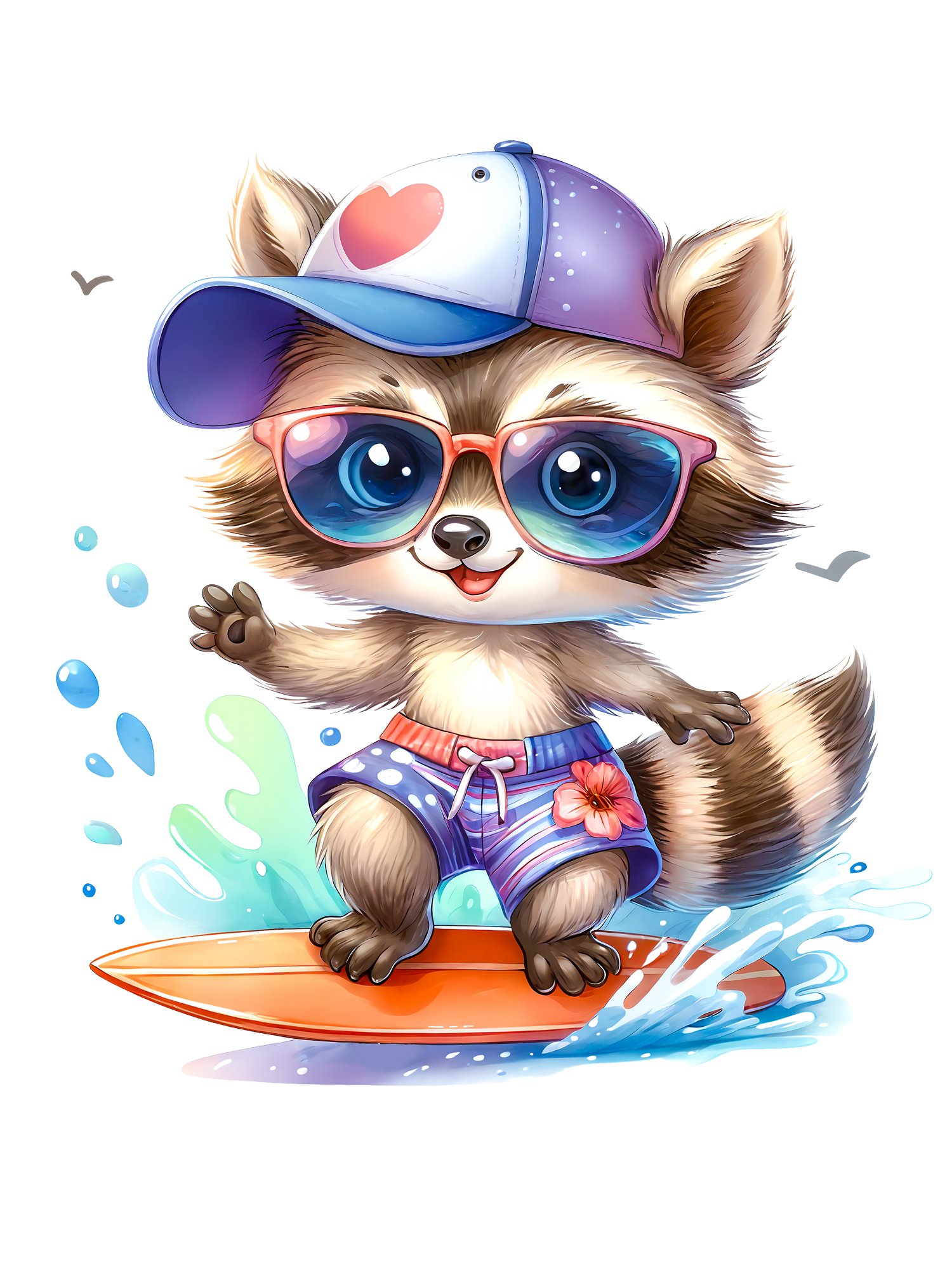 Baby Raccoon Cute Cartoon Surfer Clip Art, Summer, Sea, Png