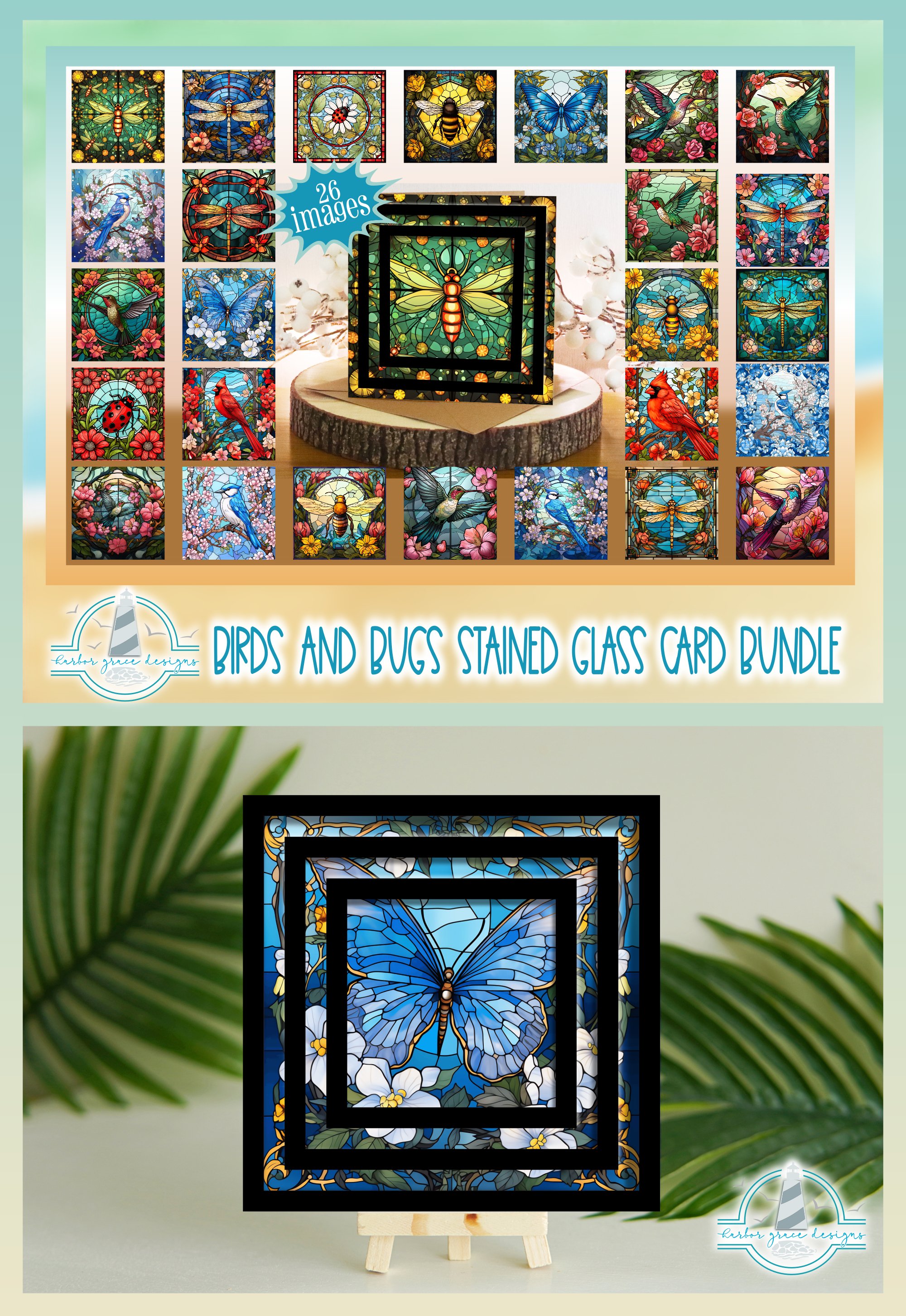 Birds and Bugs - Square Stained Glass Card Printable Bundle