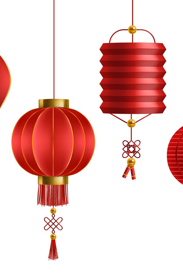 Lanterns chinese. Asian new year japanese red lamps with gol