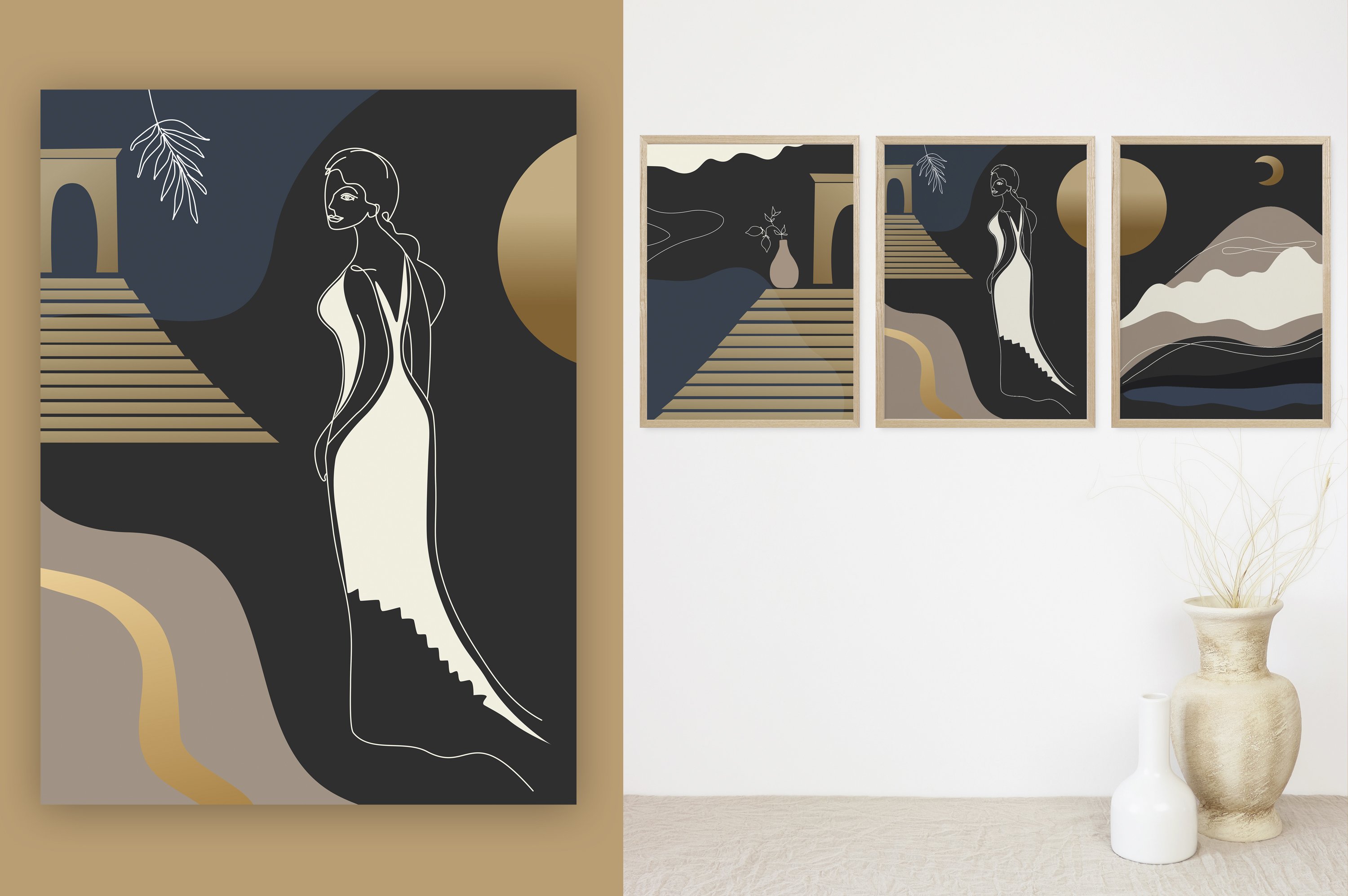 Set Continuous line art & abstract