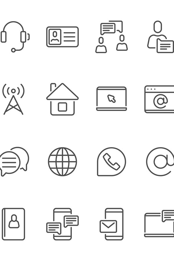 Outline contacts icons. Mobile phone contact icon, mailbox n