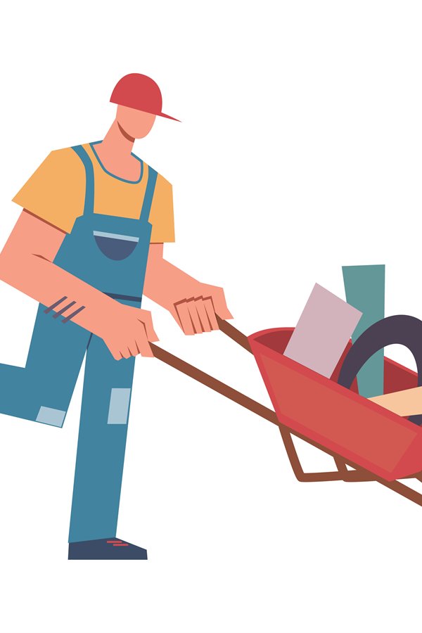 Builder with tools and professional equipment. Cartoon male