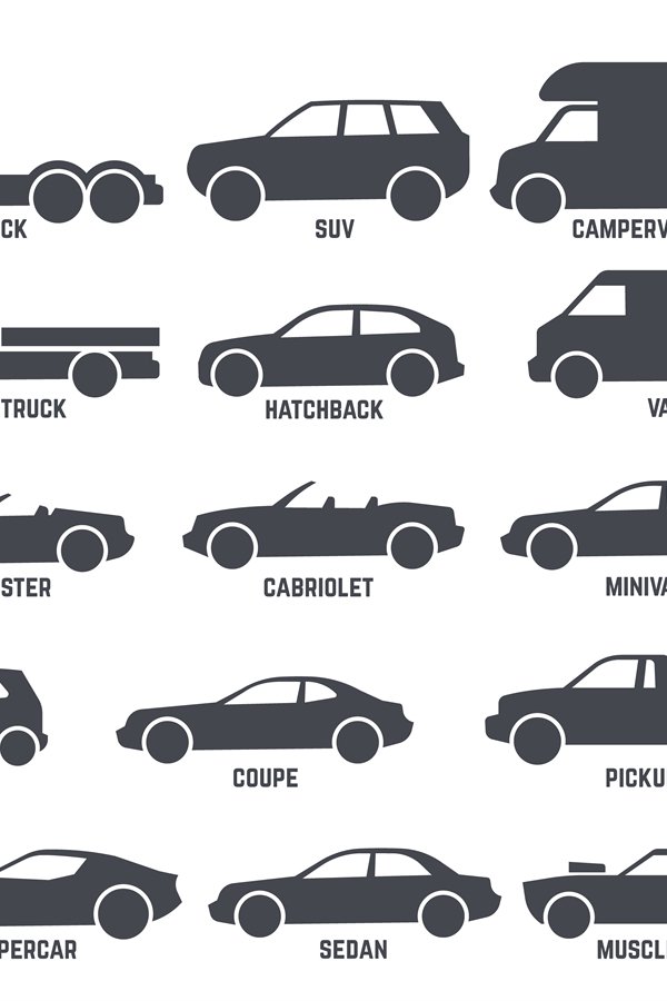 Car automobile types black vector icons isolated on white