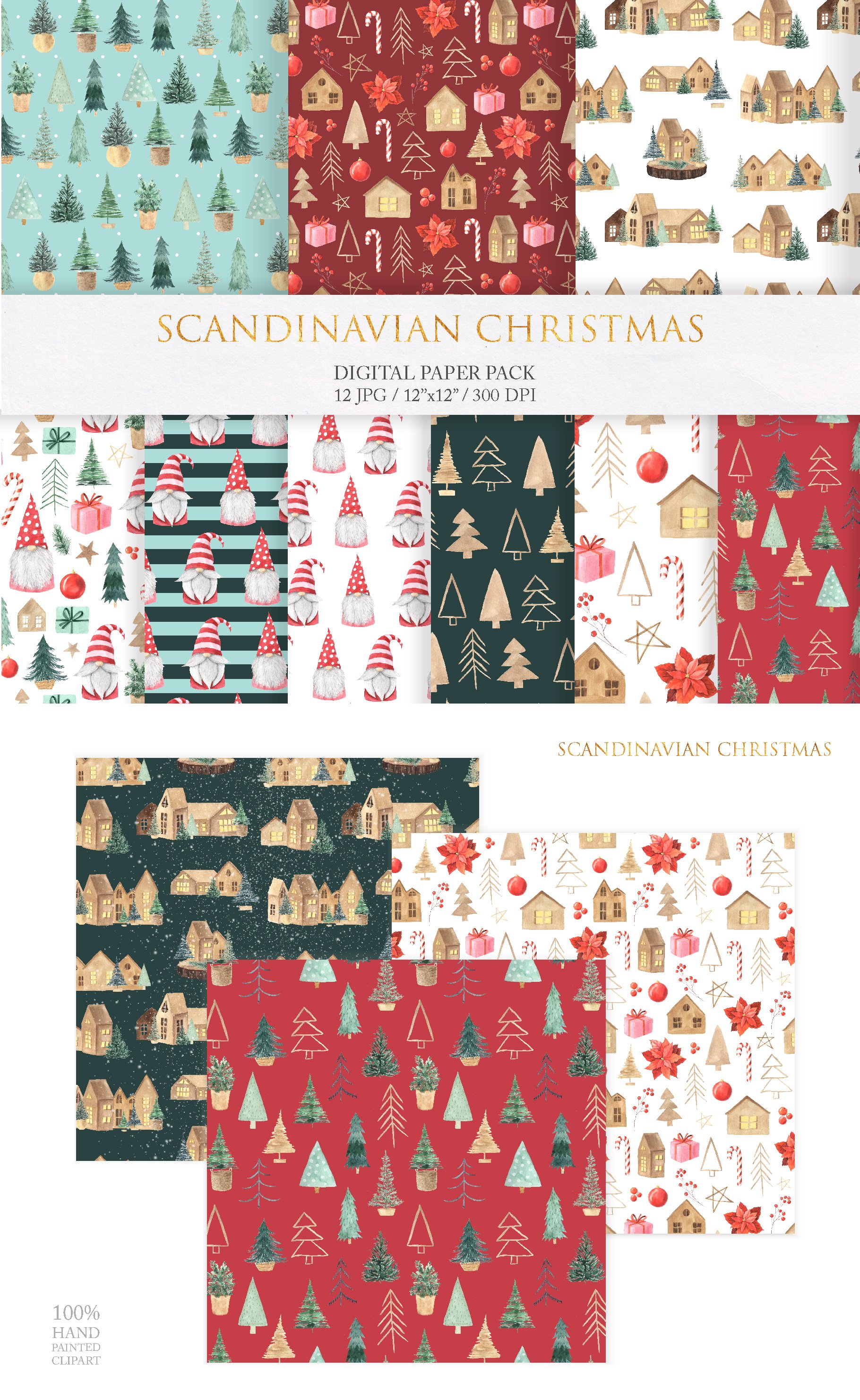 Watercolor Scandinavian Christmas Digital Papers (2201505)