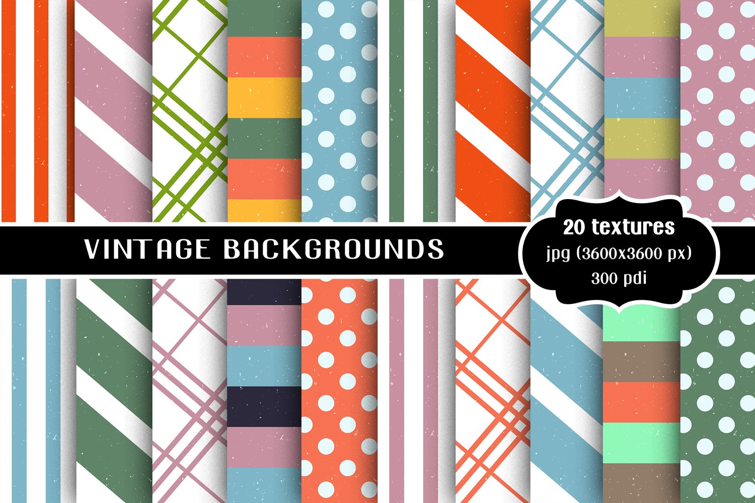 Vintage pattern in retro color backgrounds set, textures