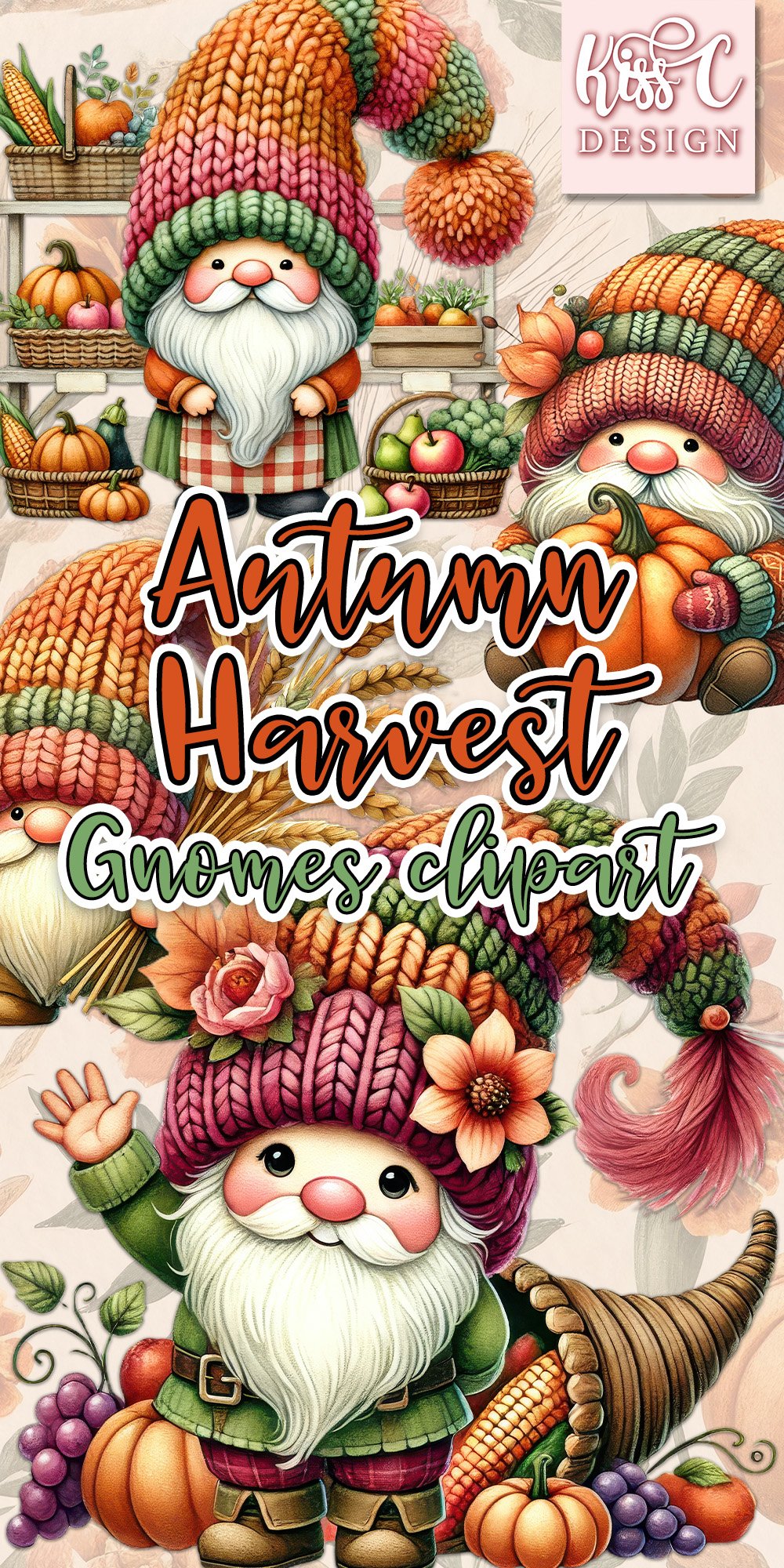 Watercolor Autumn Harvest Gnomes PNG Sublimation Clipart.