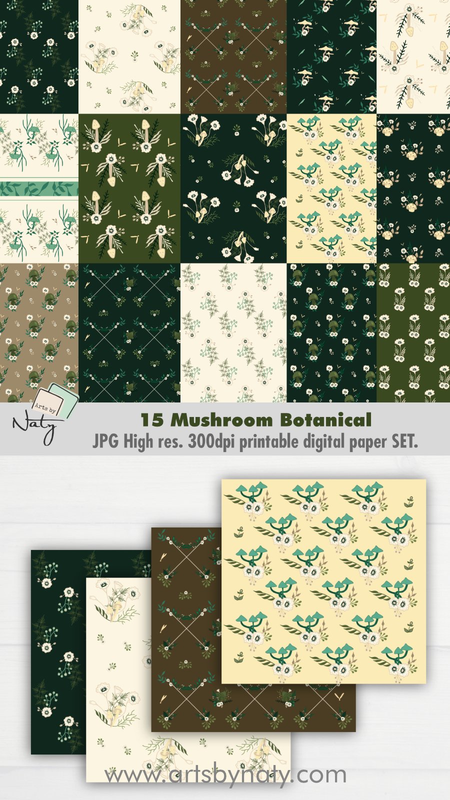 15 mushroom botanical digital paper SET.