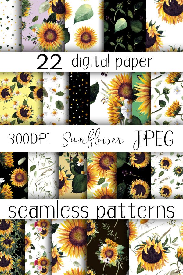 Watercolor sunflower digital paper bundle. (1748075)