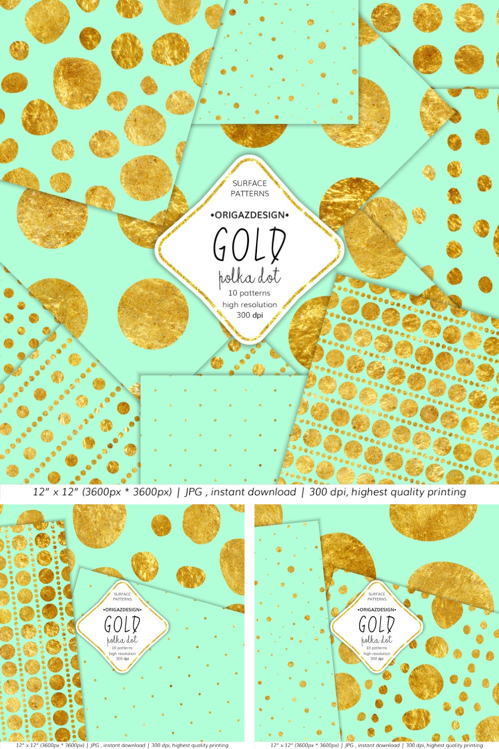 Mint and Gold foil Polka dot Seamless Pattern Paper pack