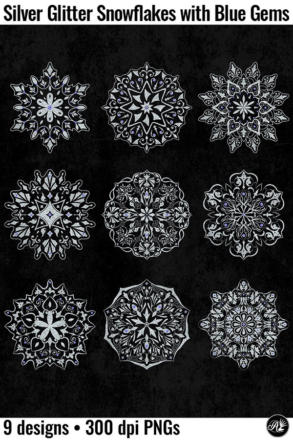 Silver glitter mandala snowflakes with blue gems