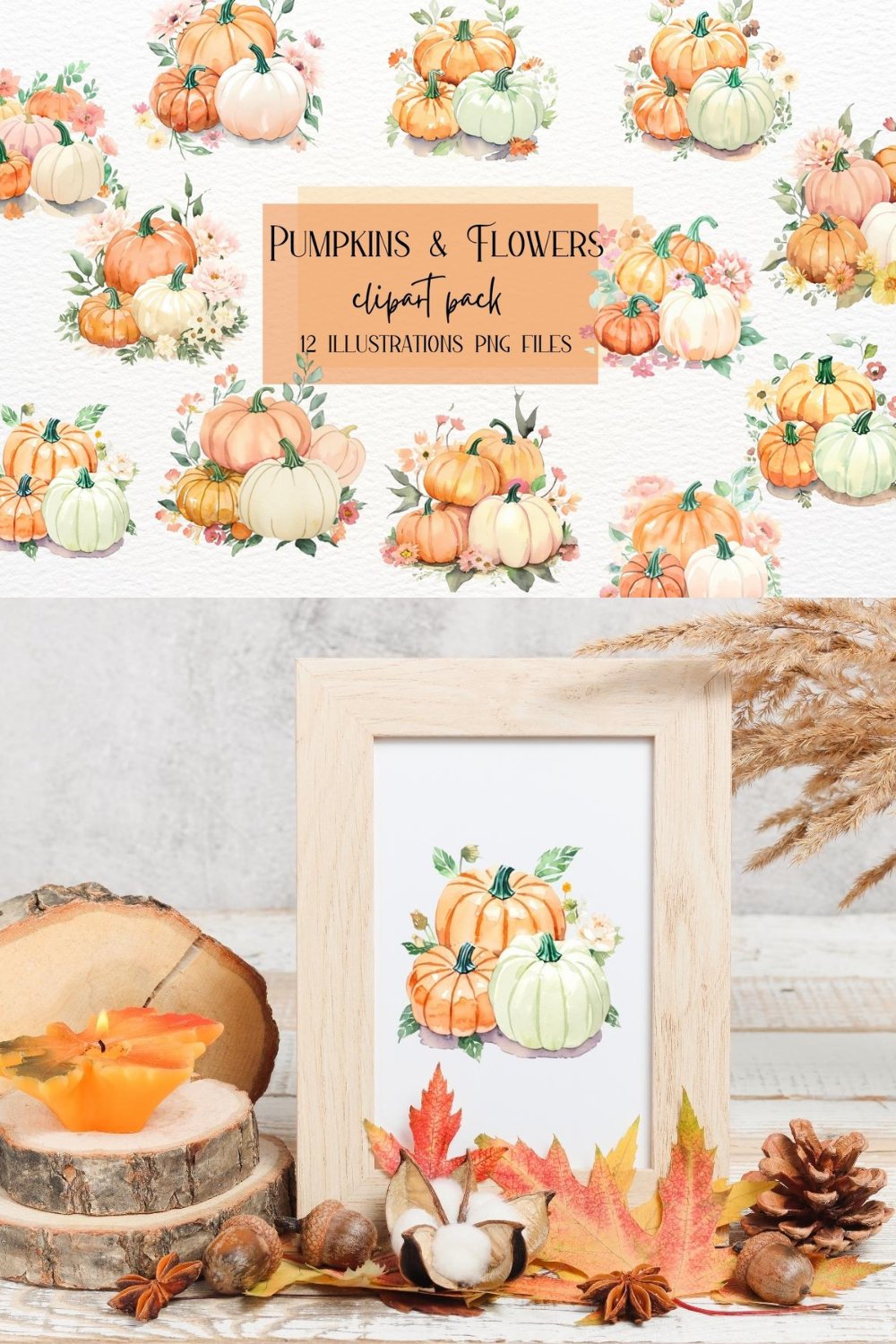 Watercolor Pumpkins With Flowers, Boho Pumpkins