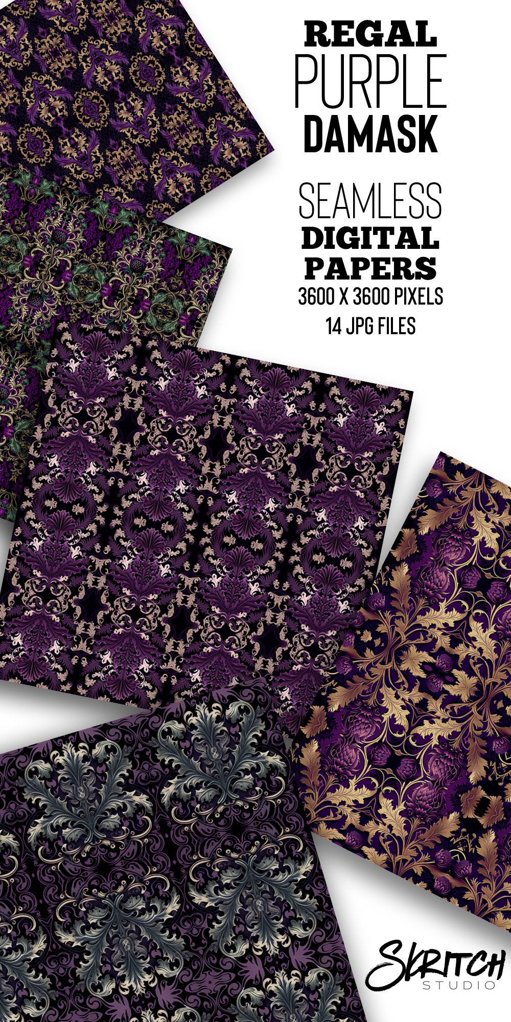Regal Purple Damask Seamless Patterns Digital Paper