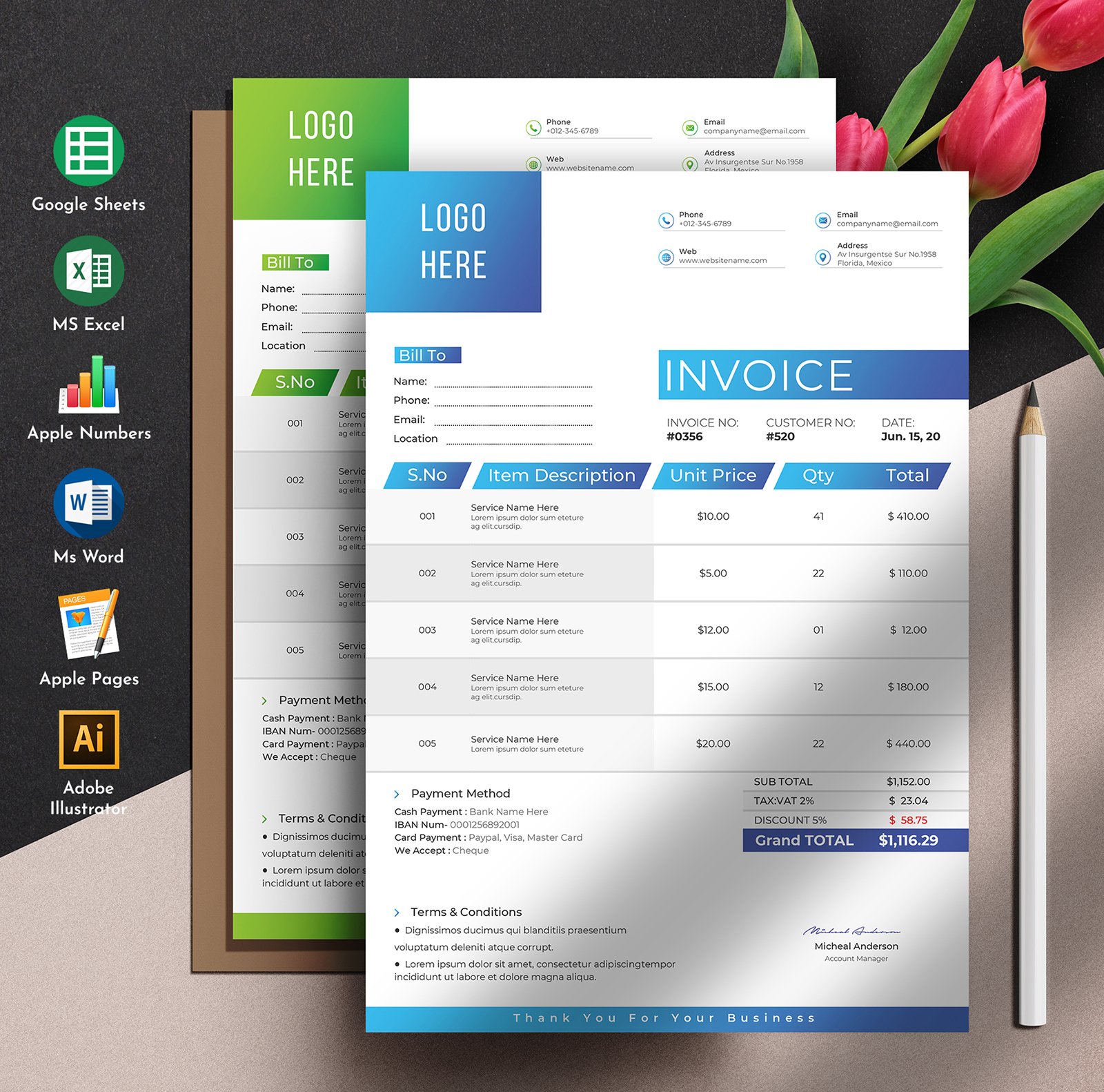 Modern Invoice Template Google Sheets Excel Numbers Format