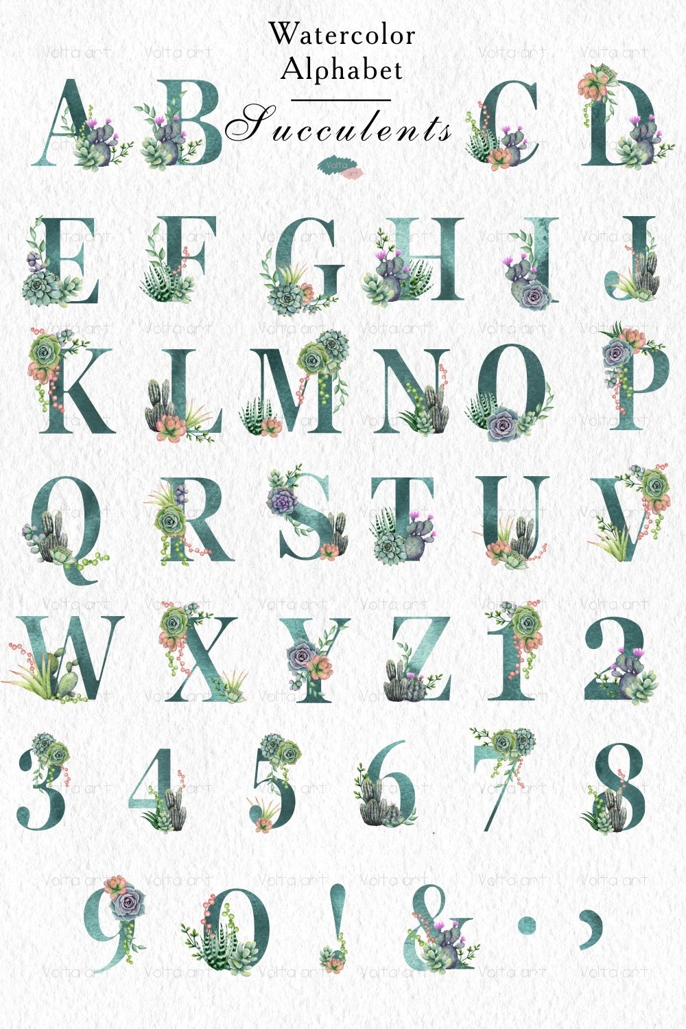 Succulent Watercolor Alphabet, Cactus Letters clip art