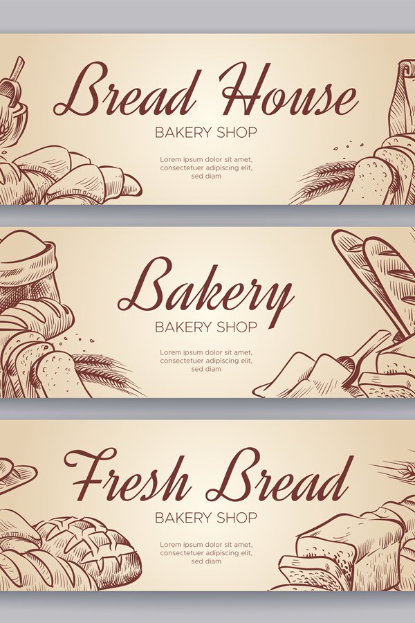 Bakery banners. Hand drawn cooking bread bakery bagel breads