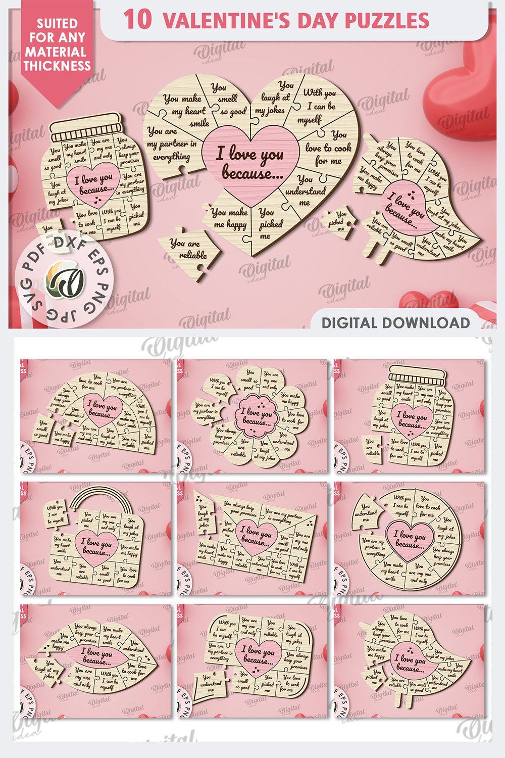 Valentine's Day Puzzles LaserCut Bundle. Valentines Gift SVG