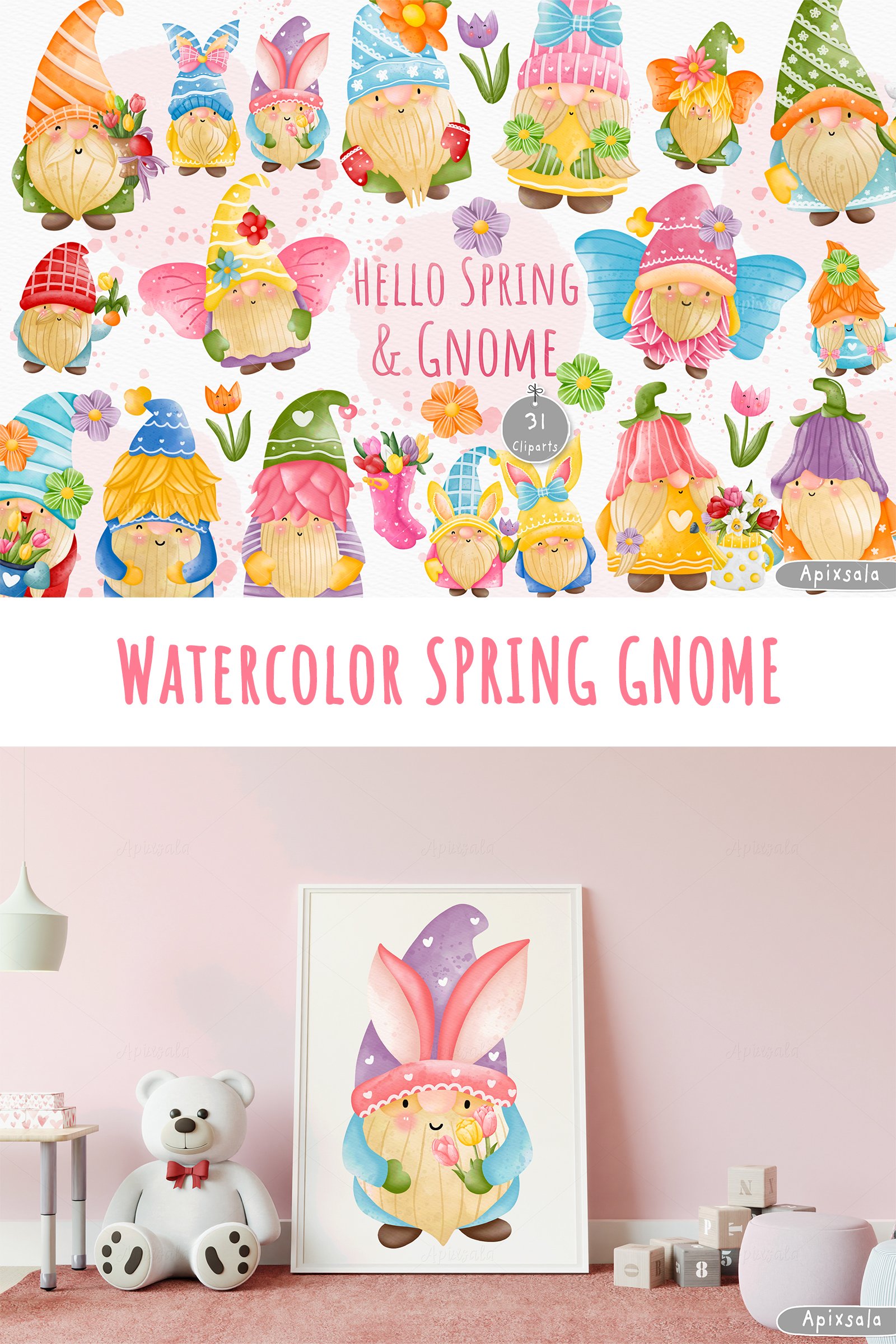Watercolor Flower Spring Gnome Illustration Clipart Bundle