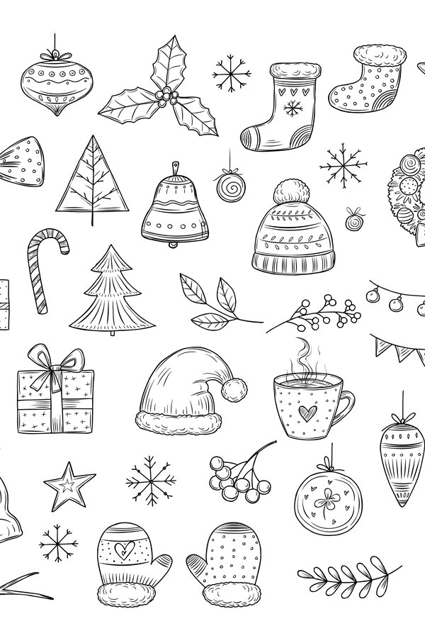 Winter holiday doodle set. Sketch christmas gift boxes, sant
