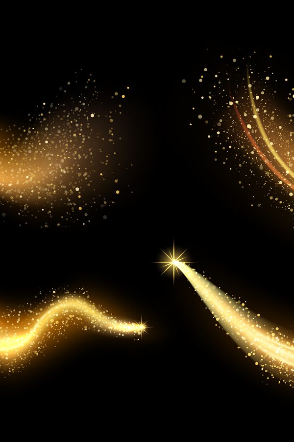 Magical gold sparkles dust. Golden lighting sparkle trail, g