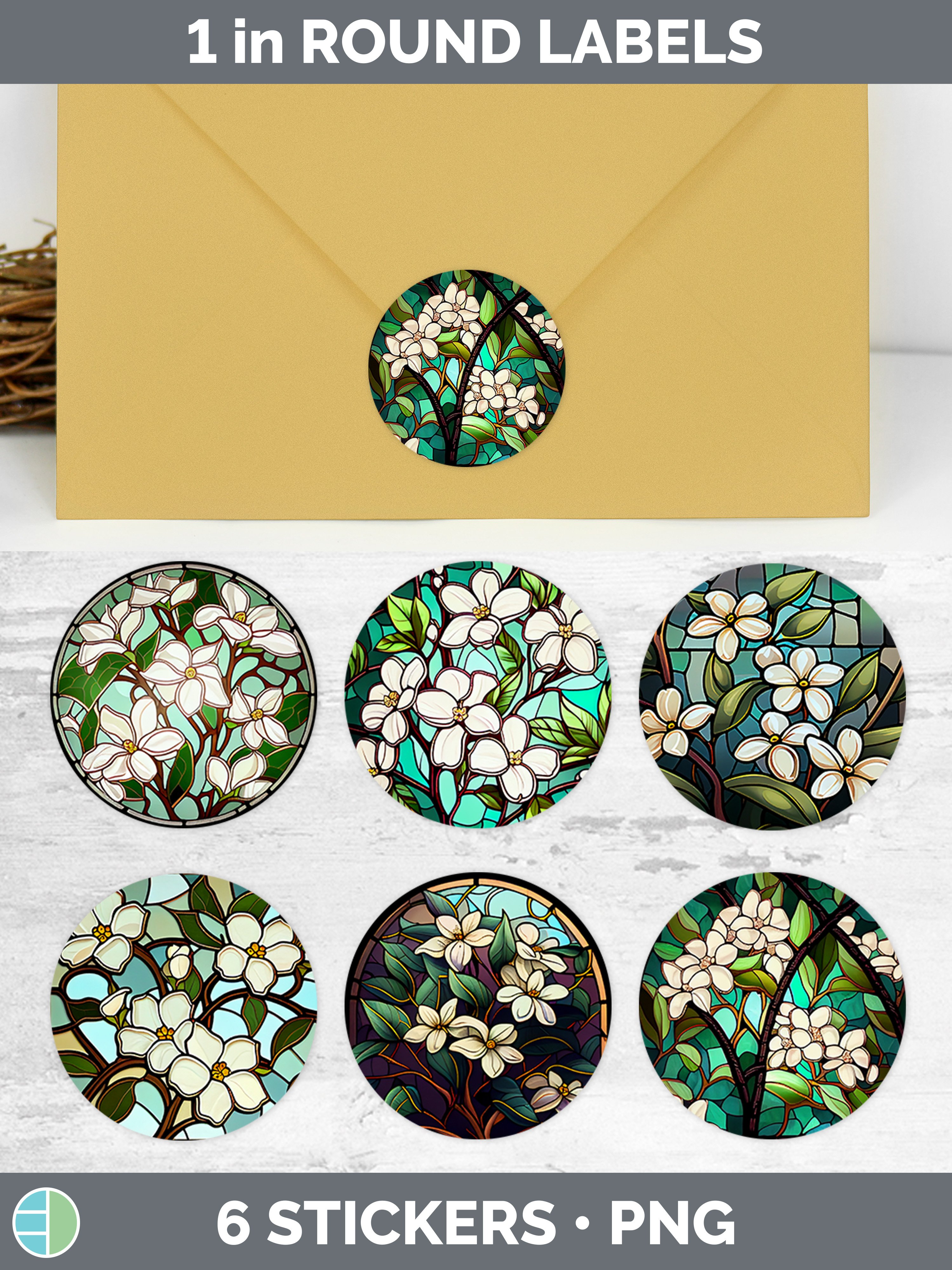 Stained Glass Jasmine Flowers Stickers | Round Labels Design