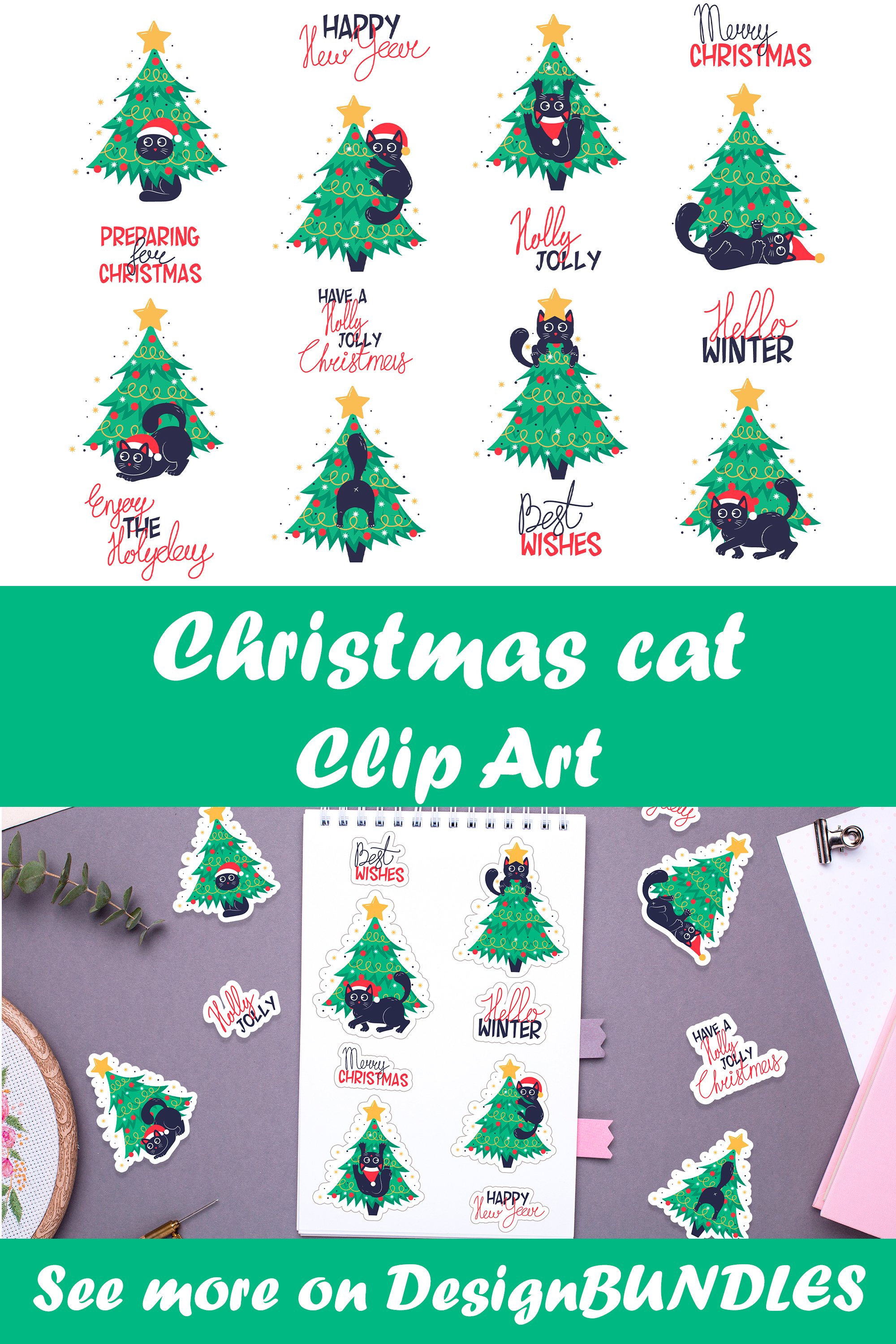 Cats & Christmas tree sticker bundle| 16 png stickers design