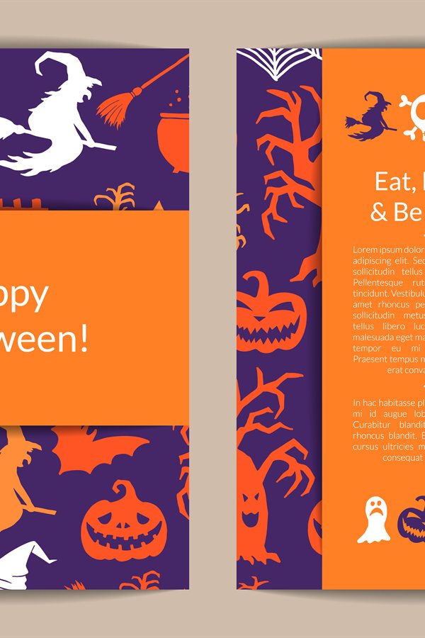 Vector halloween card templates with witches, pumpkins, ghos